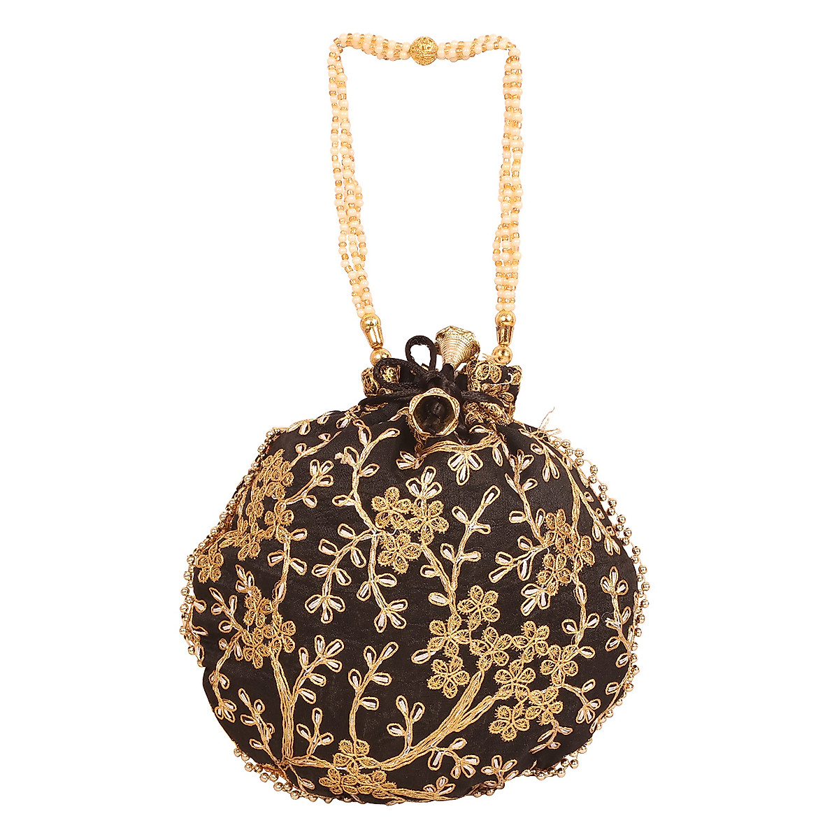 Touchstone NEW Traditional Indian Hand Embroidered Floral Faux Pearls Strings Shopping Gifts Jewelry Wedding Sweet Distribution Drawstring Fancy Black Bag Purse Pouch For Women.