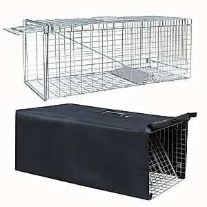 Live Feral Cat Trap Cage with Cover, Heavy Duty Folding Animal Traps Cage for Stray Cats, Humane Cat Trap for Raccoon, Squirrel, Skunk, Catch and Release - (32 x 10 x 12 inches, Trap Cage with Cover)