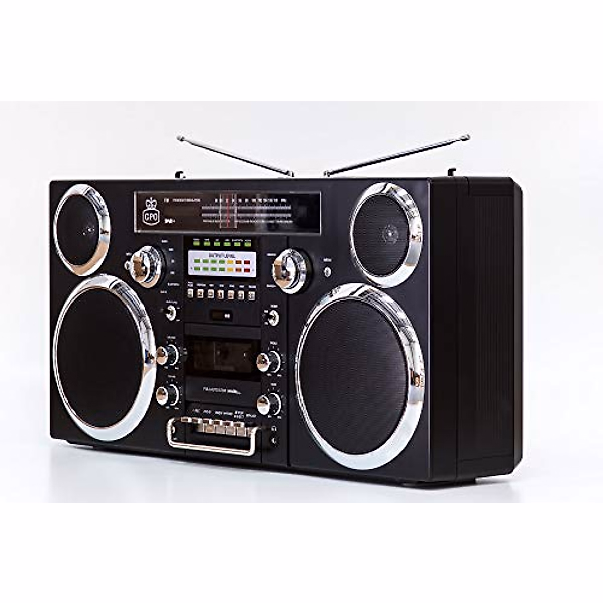 GPO Brooklyn 1980S-Style Portable Boombox - CD Player, Cassette Player, FM Radio, USB, Wireless Bluetooth Speaker - Black