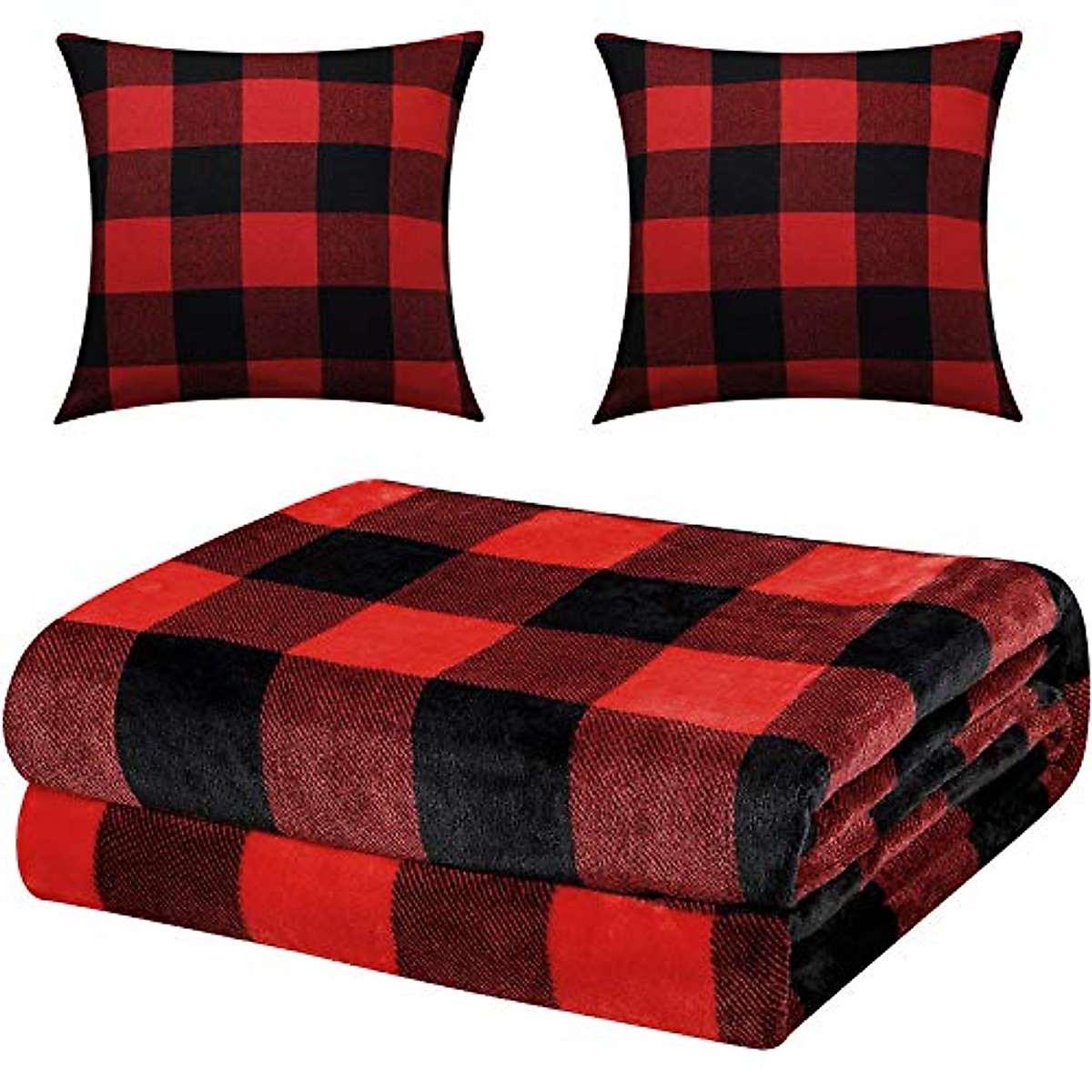 60 x 80 Inches Buffalo Plaid Throw Blanket, Flannel Fleece Throw Blanket, Checkered Soft Blankets with 2 Pieces 18 x 18 Inches Pillow Covers for Christmas Home Decor (Red and Black Plaid)