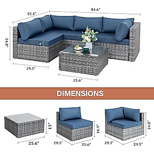 Walsunny Patio Furniture Set, 5 Pieces Outdoor Sectional Sofa Wicker Conversation Sets with Tea Table and Patio Couch Cushions(Aegean Blue)
