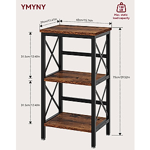 YMYNY 3 Tiers Bookcase, Industrial Metal Bookshelf with Side Fence, Storage Organizer for Living Room, Home Office, Bedroom, Display Racks, Sofa Side Table, Rustic Brown, 29.5*15.75*11.4" UHST008H
