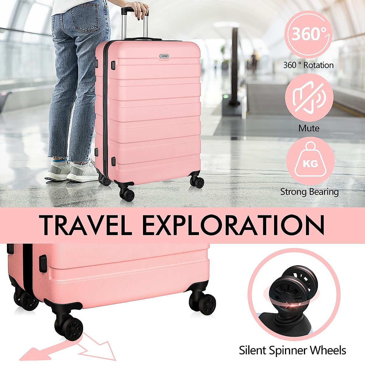 AnyZip Luggage Sets 3 Piece PC ABS Hardside Lightweight Suitcase with 4 Universal Wheels TSA Lock Carry On 20 24 28 Inch Pink