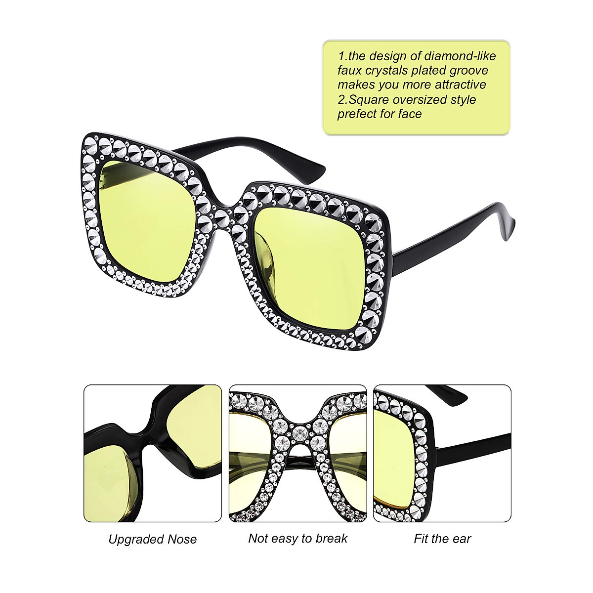 Frienda 6 Pairs Crystal Oversized Square Sunglasses Diamond Glitter Sunglasses Retro Thick Frame Sunglasses(Black, Tawny, Purple, Watermelon Red, Yellow, Silver)