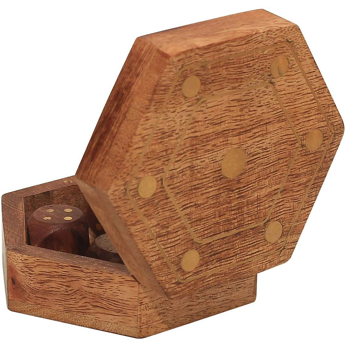 Krazy Craft Wood Dice Box With 5 Wooden Dices - Handmade Dice Game Brass Inlay Dices For Tabletop Countertop Standing Display Dice Box Board Games Accessories For Kids Adults Teens