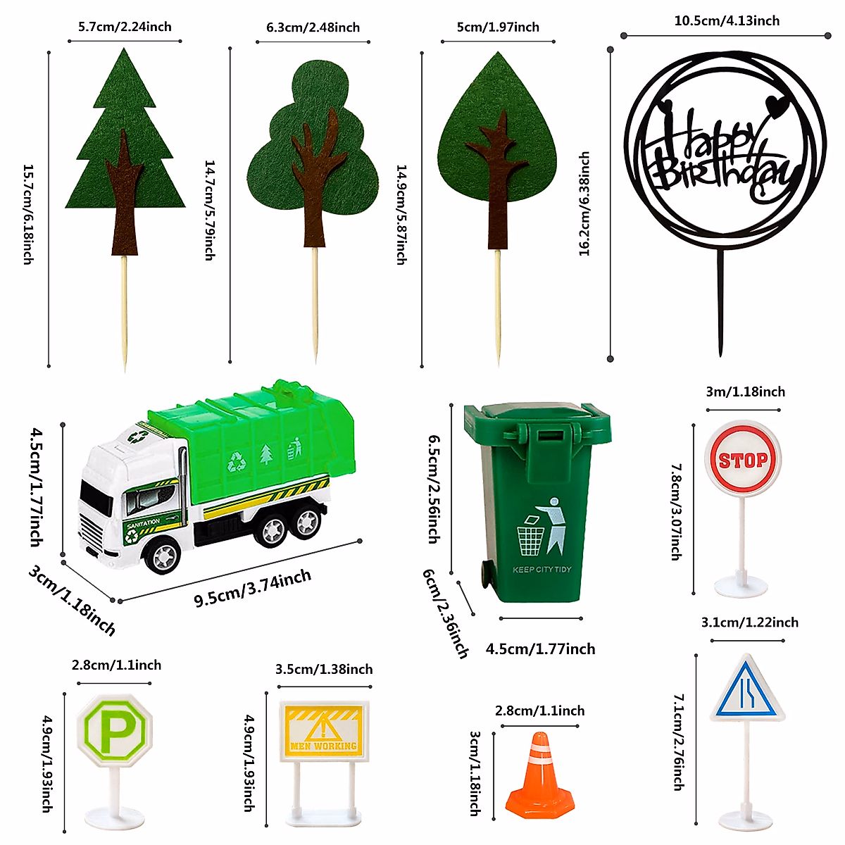17PCS Garbage Truck Cake Topper Trash Truck Cake Decorations Trash Can Birthday Party for Trash Truck Waste Management Recycling Party Supplies