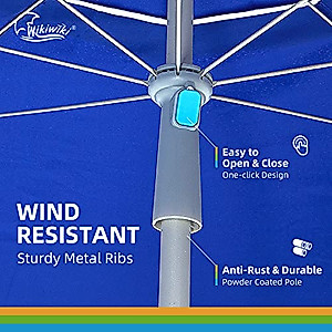 wikiwiki 7FT Beach Umbrella for Sand, Portable Sunshade Umbrella with Sand Anchor, Carry Bag, Push Button Tilt, Air Vents, SPF60+ Protection Sun Shelter for Sand and Outdoor Activities (Blue)