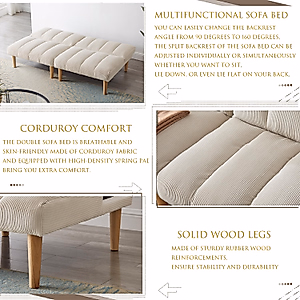 Modern Corduroy Convertible Folding Futon Couch Sofa Bed,with Adjustable Backrest Memory Foam Couch Double Loveseat Sofa for Compact Living Space,Dorm,Game Studio,Apartment,Bedroom (White)