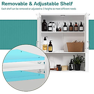 MEETWARM Bathroom Cabinet Wall Mounted with Double Doors, Wood Hanging Cabinet, Medicine Cabinet Storage Organizer with Height Adjustable Shelves Over The Toilet, White