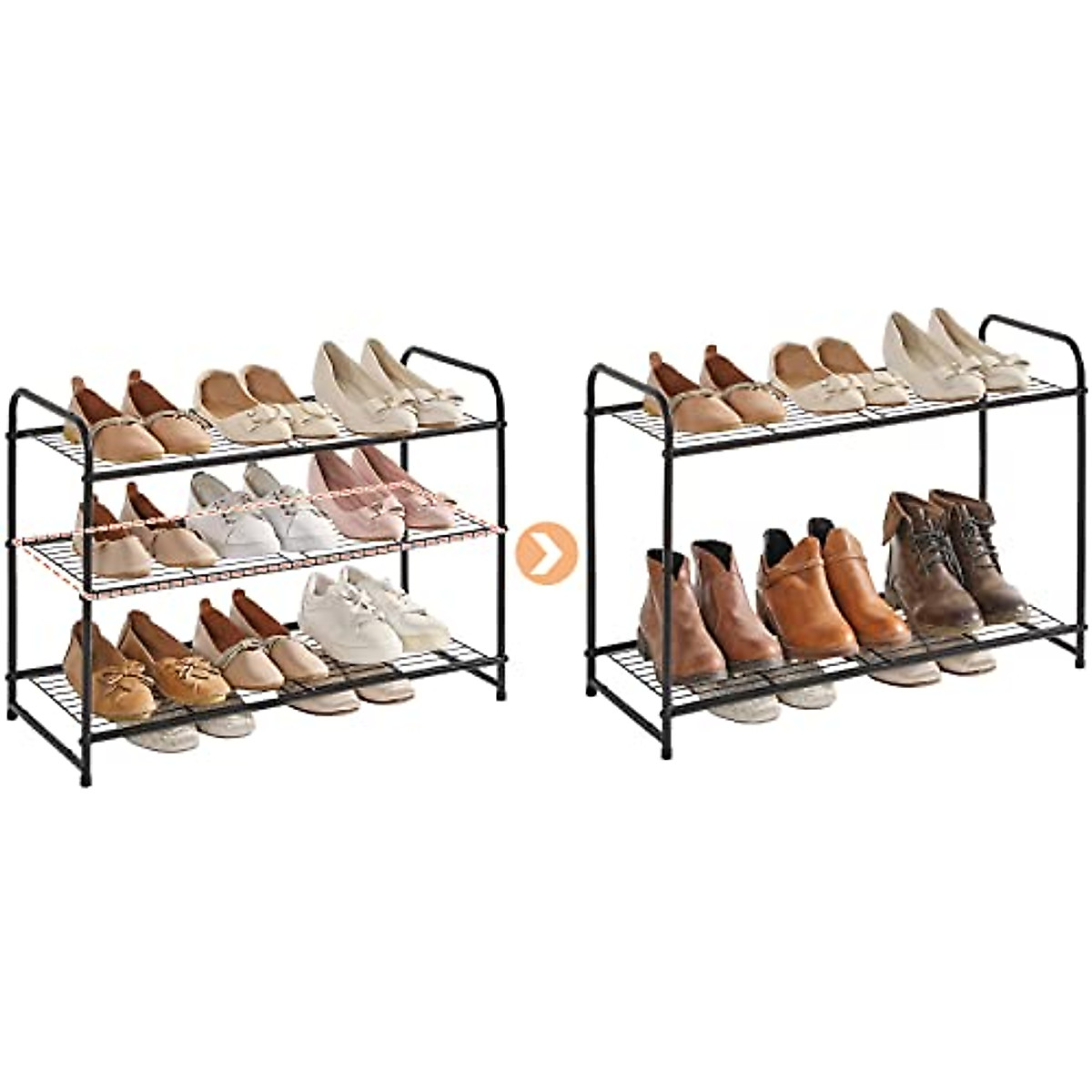 YMYNY Freestanding Shoe Racks, 3 Tiers Stackable & Adjustable Shoe Storage Shelf, Metal Wire Grid Shoe Organizer for 12-16 Pairs, for Entryway, Closet, Bedroom, Black, 26.8" L, UHXJ301B
