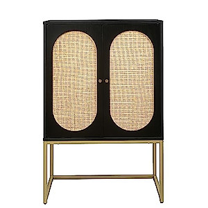 DHPM Natural Rattan 2 Door High, Sideboard Buffet Cupboard Accent Cabinet, Adjustable Shelves,Easy Assembly, Black