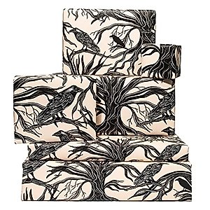 CENTRAL 23 Birds Wrapping Paper and Tags - 6 Sheets Birthday Gift Wrap for Her - Raven - Woods - Black - Pink - For Women - Gift Wrap for Bird Lover - Animals Trees - Recyclable
