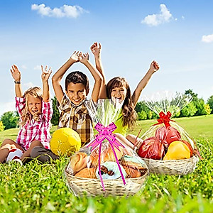 CHENGU 18 Pcs Basket Empty Gift Basket Food Basket Woven Fruit Basket with 48 Colorful Pull Bows 30 Clear Gift Bags Crinkle Cut Paper Shred Filler for Kitchen Restaurant (7.9 x 7.9 x 2.8 Inch, Round)