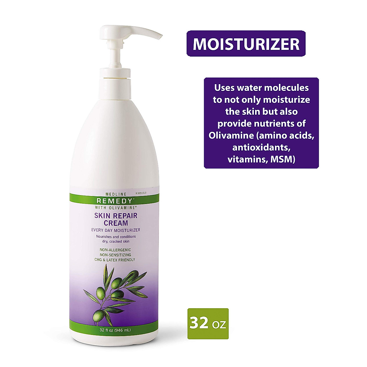 Medline Remedy Skin Repair Cream with Olivamine, 32 oz. bottle, lightly scented, for dry and cracked skin