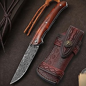 Omesio Damascus Pocket Knife with Leather Sheath for Men Women, Wooden Handle, Vg-10 Steel Damascus Folding Knife, 3.54 Inch Blade Foldable EDC Knife for Camping Fishing Hiking Hunting Gift