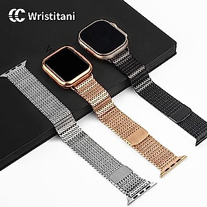 Wristitani Compatible with Apple Watch Band Series Ultra 8 SE 7 6 5 4 3 2 1, Magnetic Clasp Strap Stainless Steel Wristband Replacement for iWatch Band with TPU Case Rose Gold, 42mm 44mm 45mm