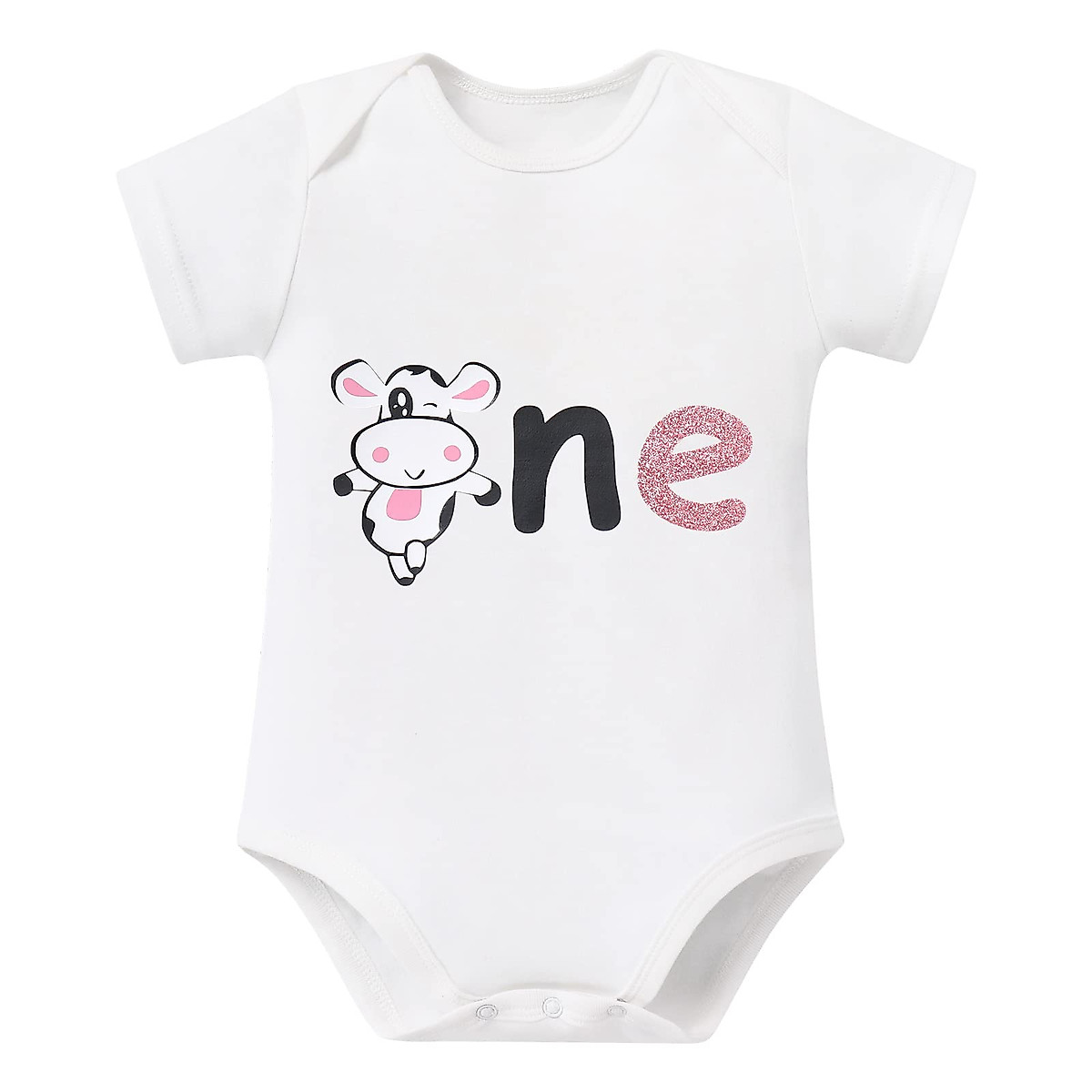 AWIBMK Baby Girl 1st Birthday Outfit Farm Cow Giraffe Romper Tutu Skirt Crown Headband Round Neck Animals Themed Cake Smash Photo Shoot Short Sleeve 3Pcs Clothes Set White + Pink Cow One 12-18M