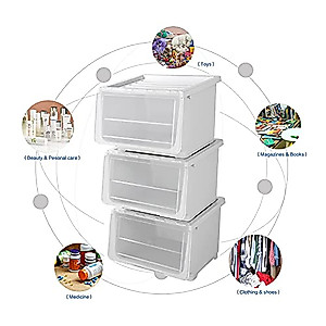 NC 3 Pack Large Stackable Plastic Storage Bin Tote with Clear Lids,Storage Box with Detachable Wheels（11 Gal,White,Large