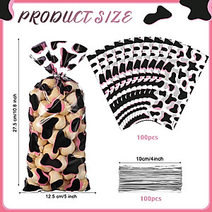 Pasimy 100 Pcs Pink Cow Print Gift Bags Pink and Black Goodie Bags Cowgirl Cellophane Treat Bags Farm Animal Plastic Candy Bags with 100 Twist Ties for Cow Baby Shower Birthday Party Supplies Favors