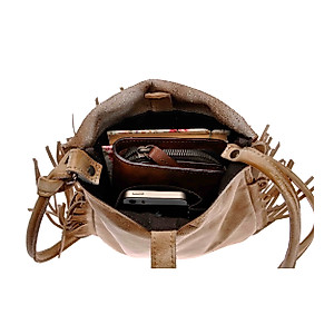 ZLYC Women Bohemian Dip Dye Leather Fringe Bag Pouch Tribal Tassel Cross Body Bag Purse, Khaki