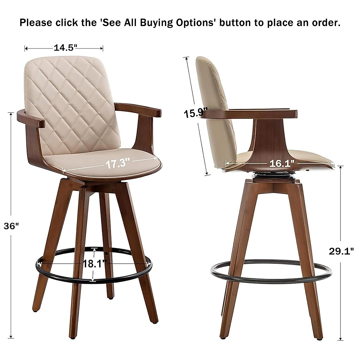 WUPOTO Bar Stools Set of 2, Upholstered Faux Leather Counter Height Bar Stools, Swivel Barstools with Wooden Arms and Legs (Beige, 30" Seat Height)