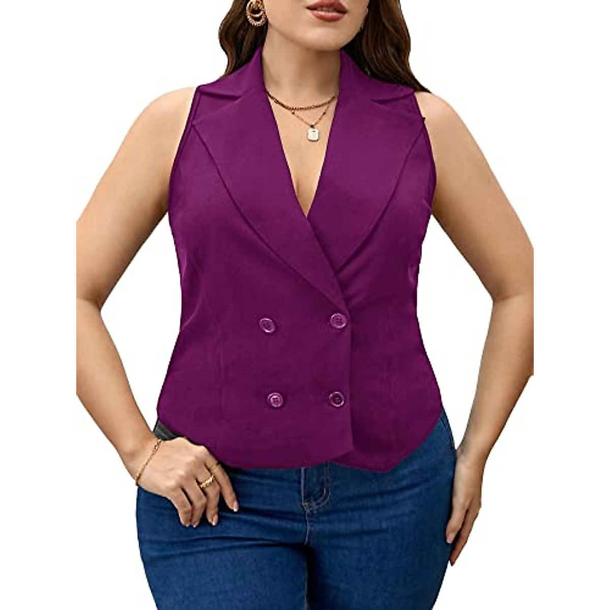 Floerns Women's Plus Size Lapel Collar Sleeveless Button Front Vest Blazer Purple 1XL