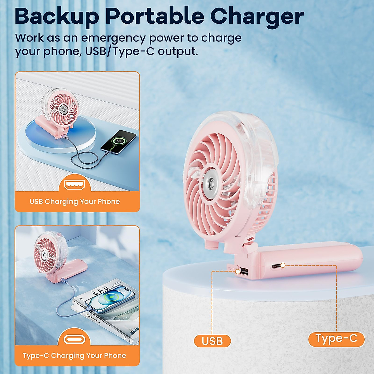 HandFan 5200mAh Handheld Misting Fan with Portable Charger, 34ml Water Tank, Rechargeable Personal Mister Fan, Spray Water Mist Fan, Electric Mini Hand Fans for Beach Travel Outdoors(Pink)