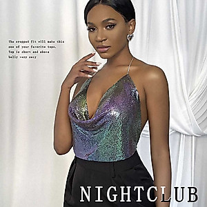 Foyte Boho Shiny Sequins Body Chain Top Deep V Neck Bra Body Jewelry Bikini Crop Top Shirt Waist Chains Nightclub Party Body Jewelry Accessory for Women