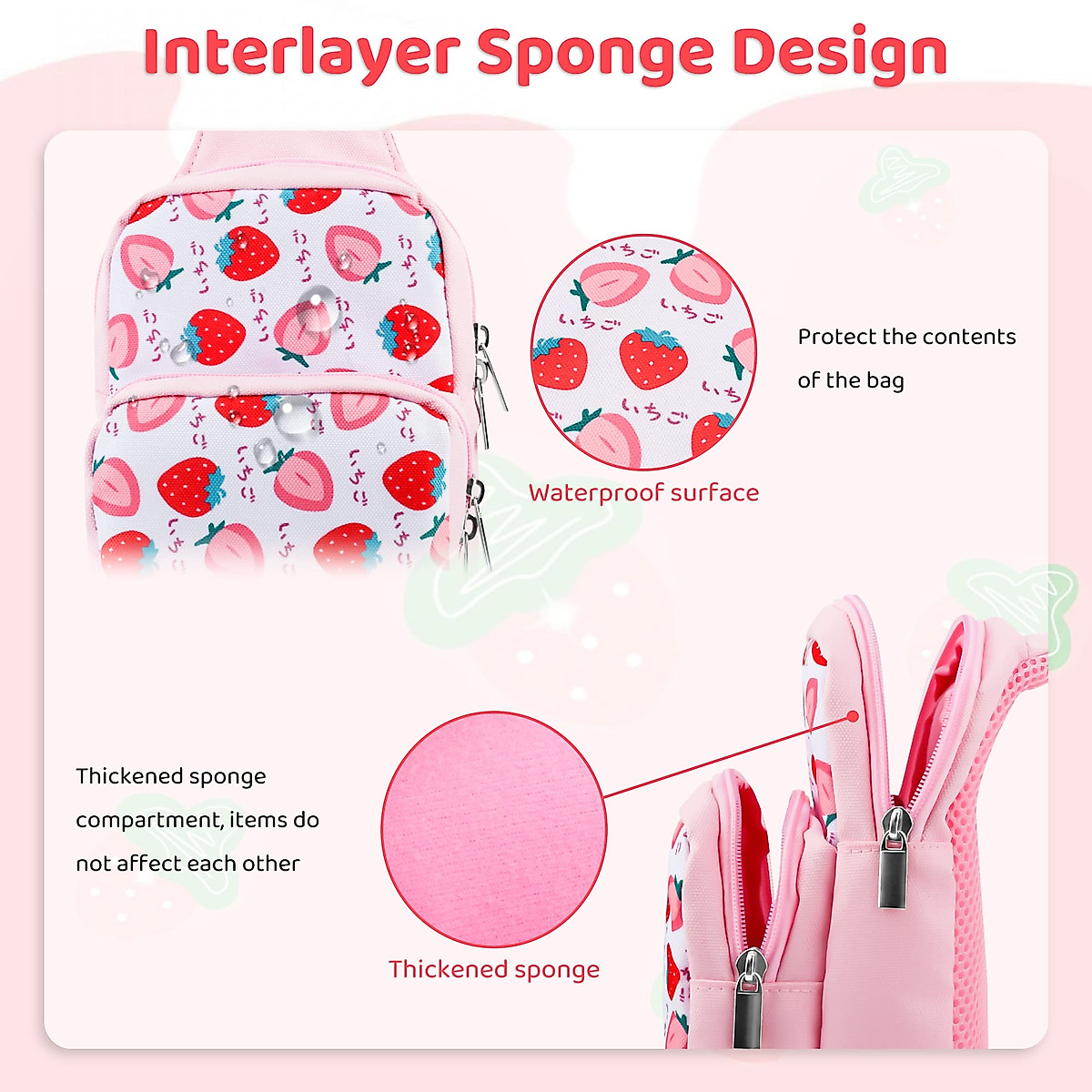 RHOTALL Pink Travel Bag for Nintendo Switch/Lite/OLED,Large Capacity Portable Carrying Case Compatible for Chest Shoulder Accessories Storage Backpack with12 Slots Game Case,Thumb Grip Caps-Strawberry