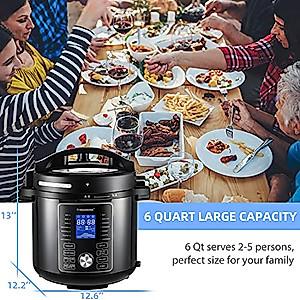 Transonic OPA160 Pressure Cooker Air Fryer Combo, 6 Quart 1500W Multi Cooker Pressure Cooker Air Fryer, All in 1 Pressure Cooker with Air Fryer Lid, Large LED Display, Black Metallic