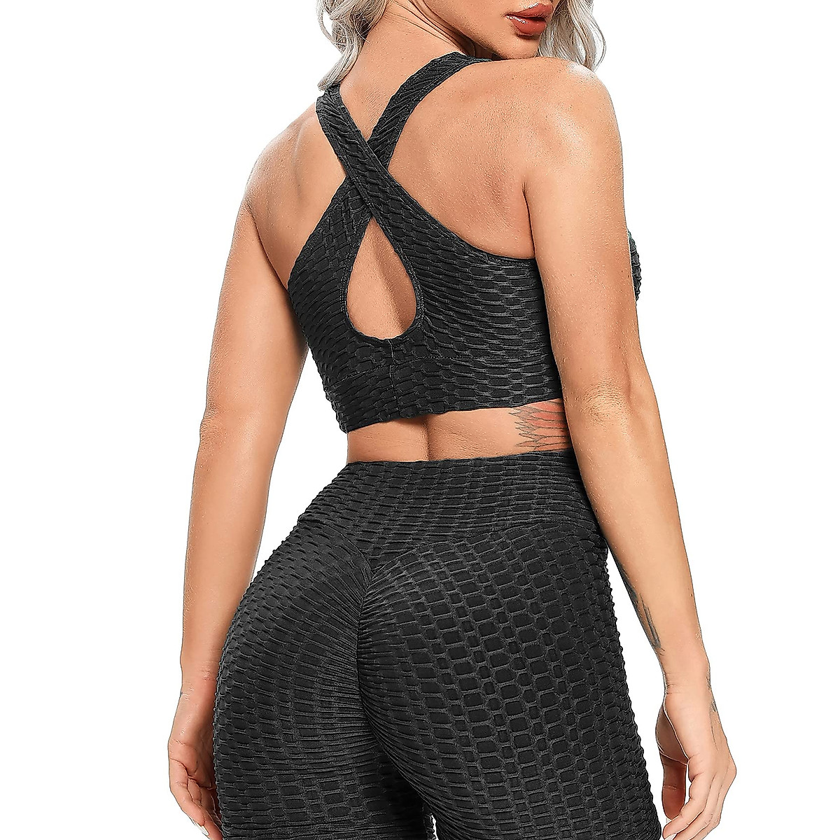 SEASUM Women Textured Leggings Matching Sport Bra Medium Support Workout Bra Crop Top M