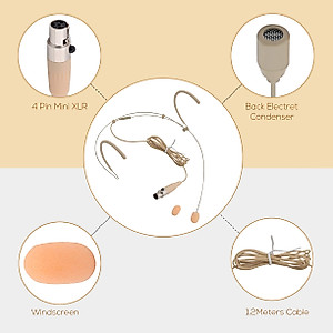 PYLE-PRO Double Over Ear Microphone Headset - fessional Hands Free Omnidirectional Wired Audio Boom Condenser Microphone Headset w/ 4 Pin Mini XLR, 1.2m Cable, and Windscreen - Pyle PMHMS20 (Beige)