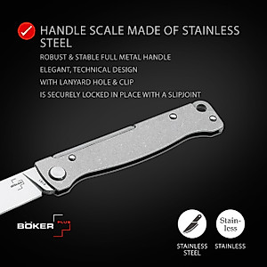 Boker Plus® Atlas SW - Slipjoint pocket knife with stainless steel handle scales - classic Folding knife with 12C27 blade - Slipjoint knife with knife case