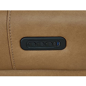 Signature Design by Ashley Card Player Contemporary Faux Leather Tufted Power Reclining Loveseat with Control and Adjustable Headrest, Light Brown