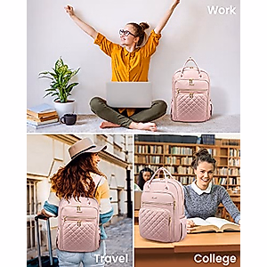 LOVEVOOK Laptop Backpack for Women, 15.6 Inch Computer Backpack for Teacher Nurse with Water Resistant, Lightweight Travel Work Backpack with USB Charging Port, Quilted Commuter Backpack purse, Pink