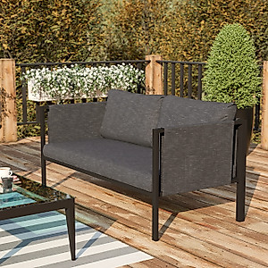 Flash Furniture Lea Indoor/Outdoor Loveseat with Cushions - Modern Steel Framed Chair with Storage Pockets, Black with Charcoal Cushions