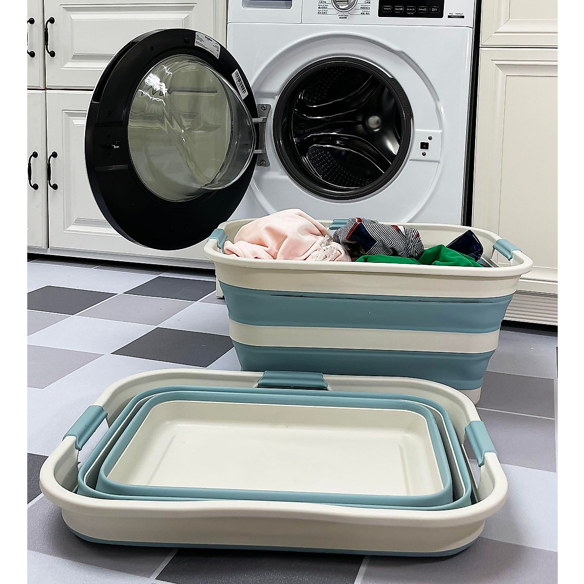 SAMMART 42L (11 gallons) Collapsible Plastic Laundry Basket - Foldable Pop Up Storage Container/Organizer - Portable Washing Tub - Space Saving Hamper/Basket (1, Grey/Sterling Blue)