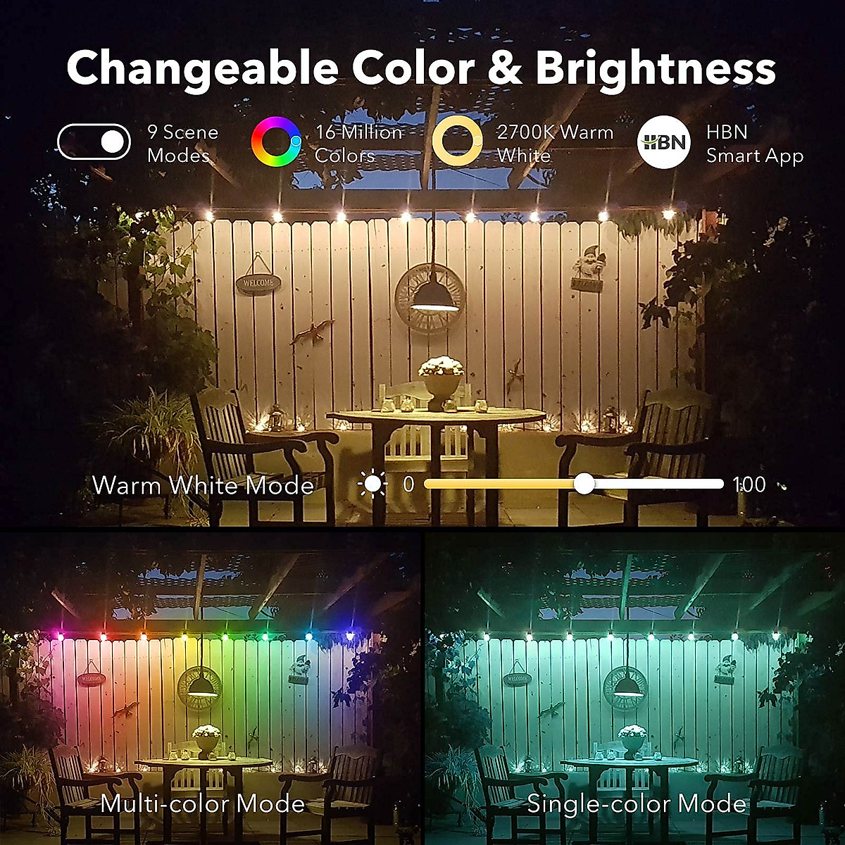 HBN Smart Color-Changing Outdoor String Lights - 48ft, LED, 24 Bulbs, 2.4 Ghz WiFi Needed-Compatible with Alexa, Google Assistant, iOS and Android (Tuya Smart App Needed) No Smart Hub Required