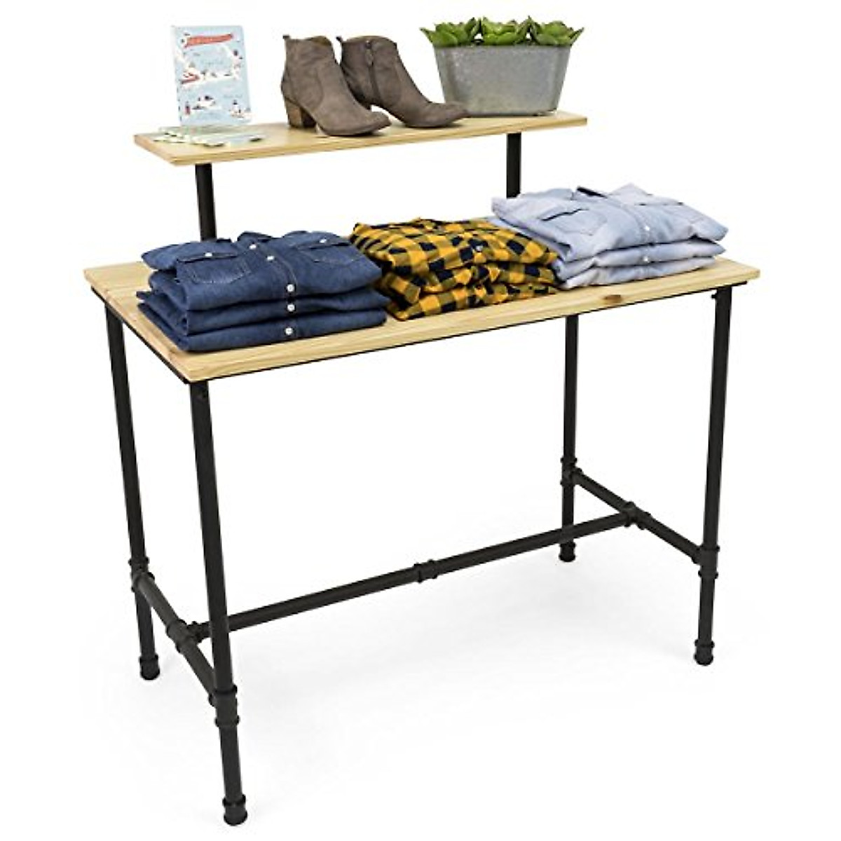 Displays2go, Large Pipe Display Table, Metal and Pine Wood Construction – Natural Finish, Black Hardware (PPLNNSTLRG)
