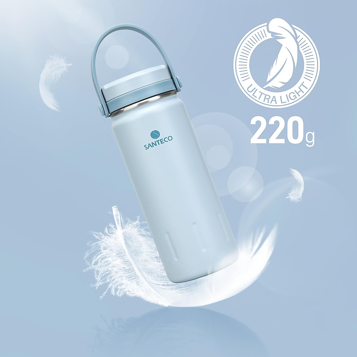 Santeco 13oz Insulated Water Bottle with Handle, Stainless Steel Sports Water Bottles, Wide Mouth Leak-Proof Double Wall Travel Mug Cold & Hot Water Cup for GYM, Riding, Camping, School