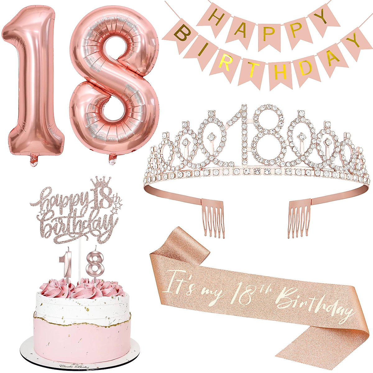 18th Birthday Decorations for Girls, Including 18th Birthday Tiara and Sash, Happy Birthday Banner, Happy Birthday Cake Toppers, Number Candles and Balloons Set, 18th Birthday Gifts for Girls
