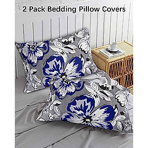 Spring Floral Pillow Covers King Standard Set of 2 Bed Pillow, Navy Blue Summer Flower Farmhouse White Grey Plush Soft Comfort for Hair/ Skin Cooling Pillowcases with Envelop Closure 20''x36''