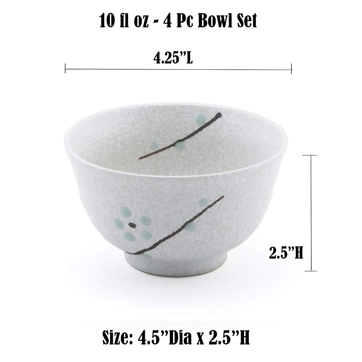 Hinomaru Collection Japanese Oriental Style 10 fl oz Porcelain Bowl Set 4.5" D Ochawan Rice Bowl Set of 4 Multi Purpose Tableware (White Snow)