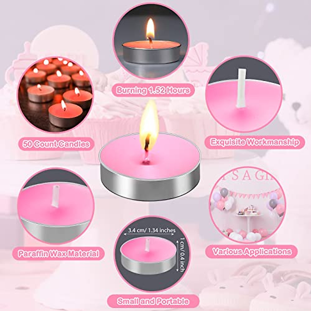50 Sets Baby Shower Favors 50 Pcs Tea Light Candles for Guests Baby Shower Decoration with 50 Greeting Cards and Organza Bags for Boys Girls Guests Baby Shower Favors Gender Reveal (Pink)