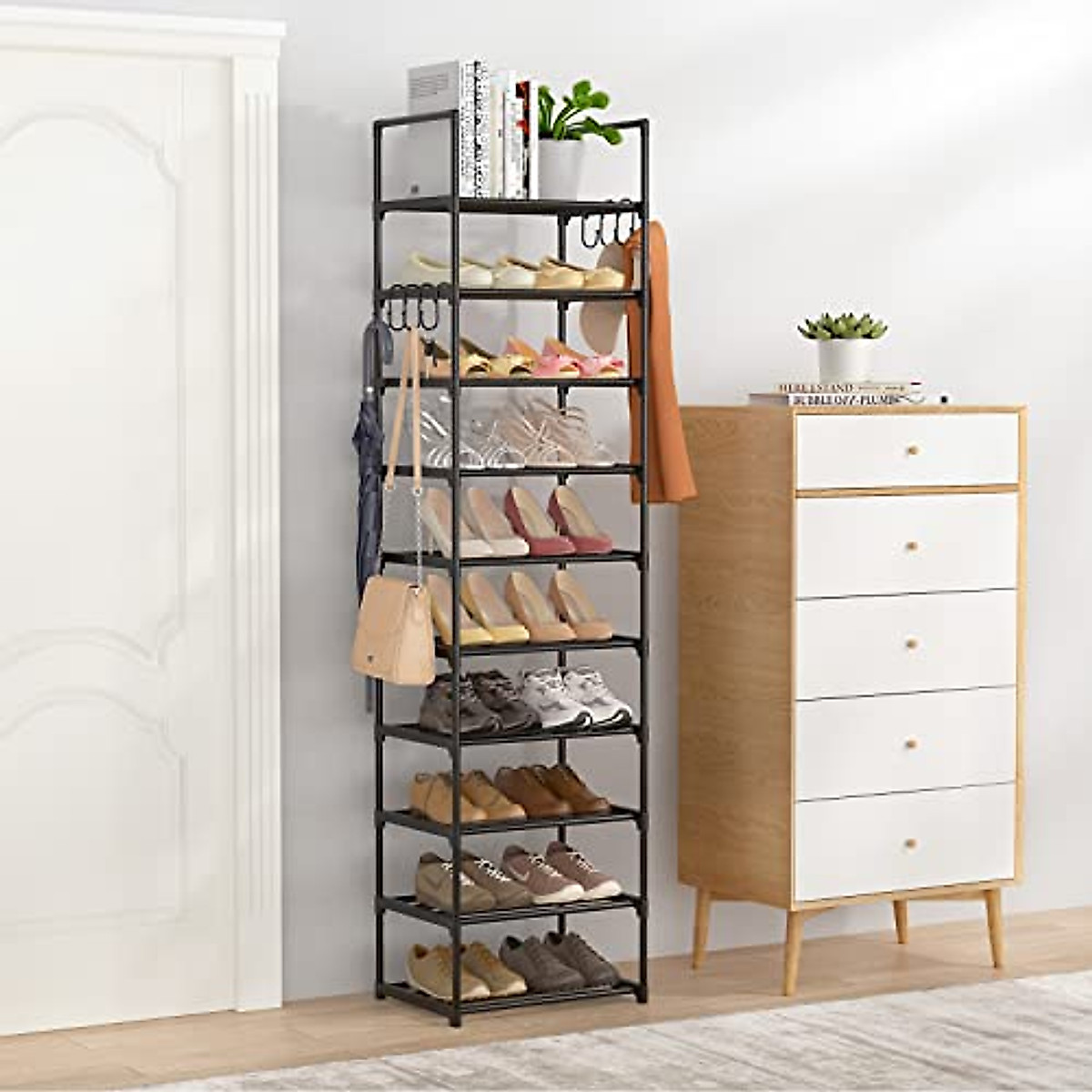 ROJASOP Tall Shoe Rack 10 Tiers Narrow Shoe Rack 20-24 Pairs Vertical Shoe Rack Space Saving Stackable Tall Shoe Rack for Closet Entryway Durable Shoe Shelf Storage Metal Shoe Tower with 8 Hooks