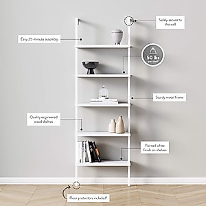 Nathan James 65506 Theo 5-Shelf White Modern Bookcase, Open Wall Mount Ladder Bookshelf with Industrial White Metal Frame, White