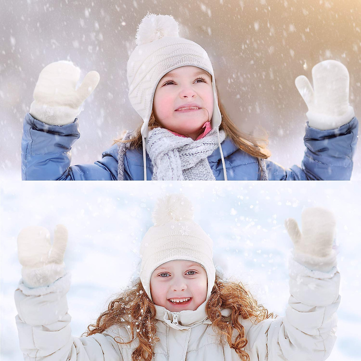 Winter Toddler Hat and Mittens Knit Earflap Hat and Fleece Mitten Gloves Set for Baby Boys Girls (White, 1-3 Years)