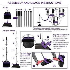 Large Broom and Dustpan Set, Purple Broom with Dustpan Combo Set, 55" Long Handle Broom, Self Cleaning Dustpan, Ideal for Home and Dog Cat Pets