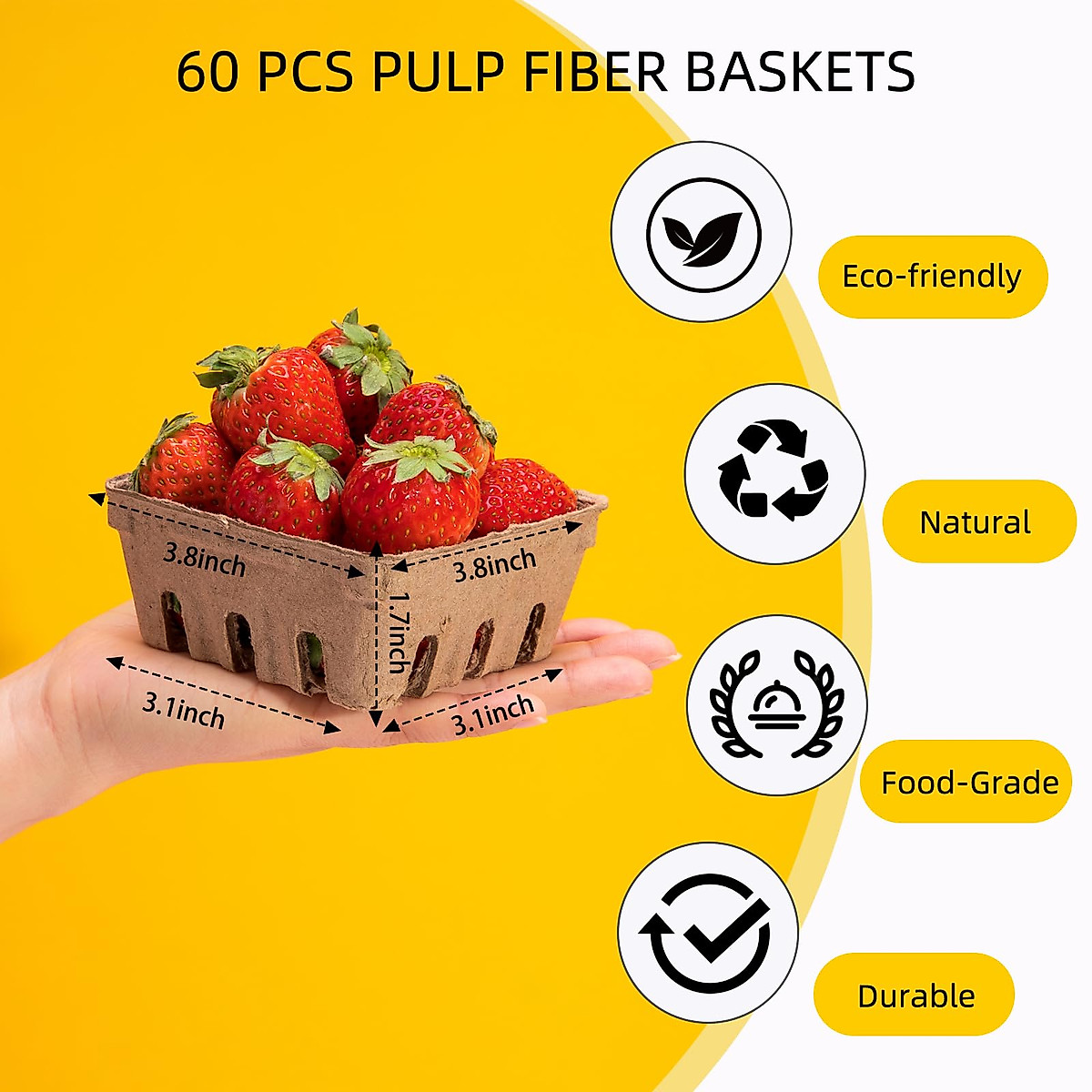 PARBEE 60 Pack Pulp Fiber Berry Basket, Molded Containers Vented for Strawberry Blueberry Raspberry Grape Cherry, Small Farmer Market Produce Basket Containers