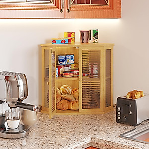WouZglk Extra Large Corner Bread Box for Kitchen Countertop, 16.5 inch Bamboo Double Layer Bread Storage with Glass Wavy Door Panel, Eco-Friendly and Stylish Design
